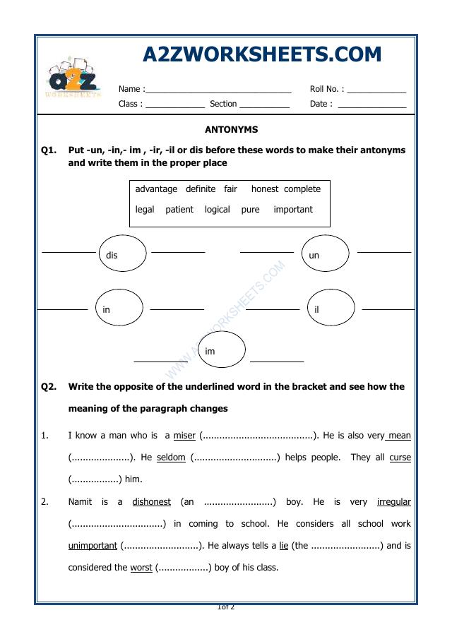 A2Zworksheets:Worksheet of Antonyms - 02 (Exercise)-Grammar-English