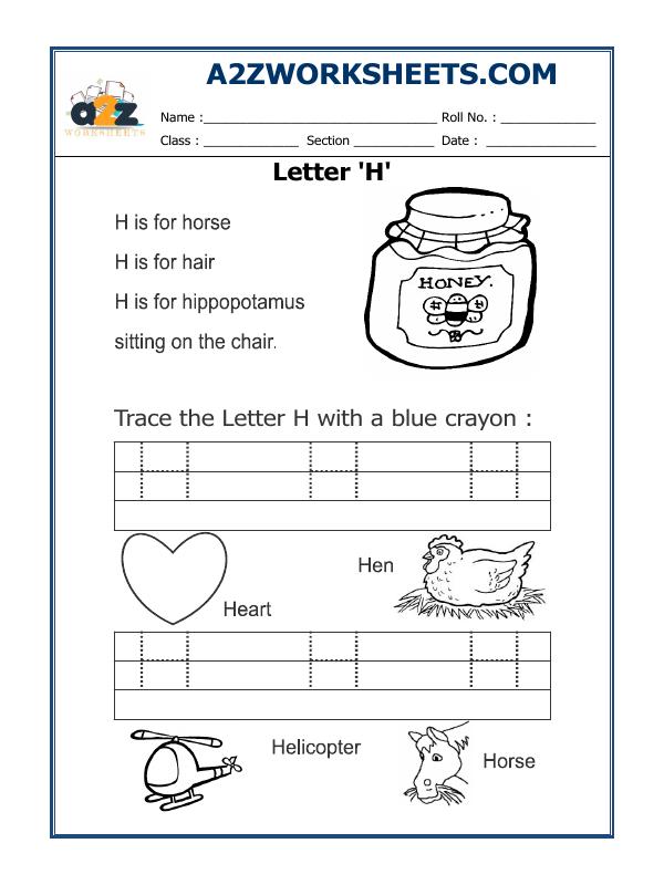 A2Zworksheets:Worksheet of Trace The Letter H-Writing-English