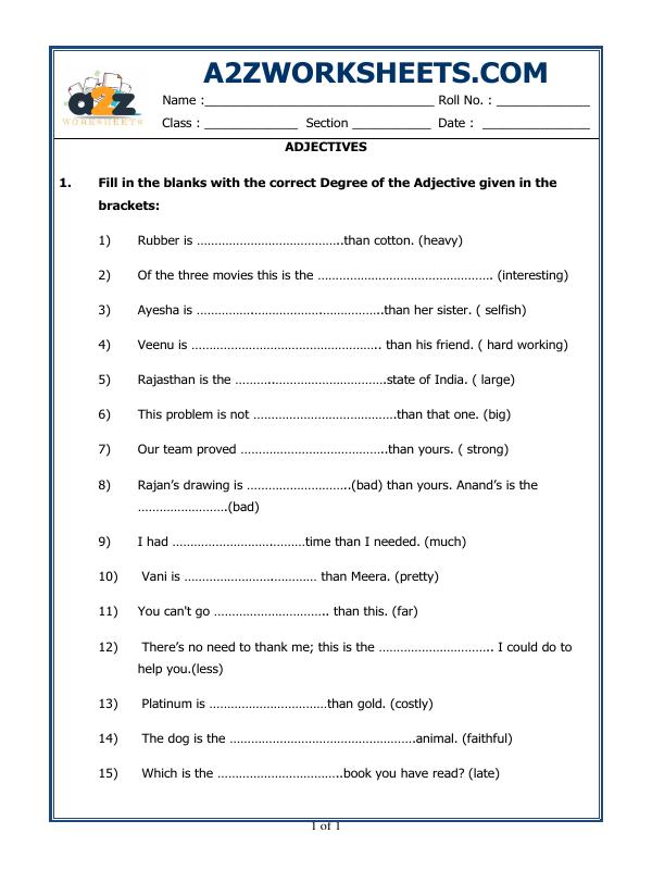 A2Zworksheets:Worksheet of Adjectives Practice-03-Grammar-English