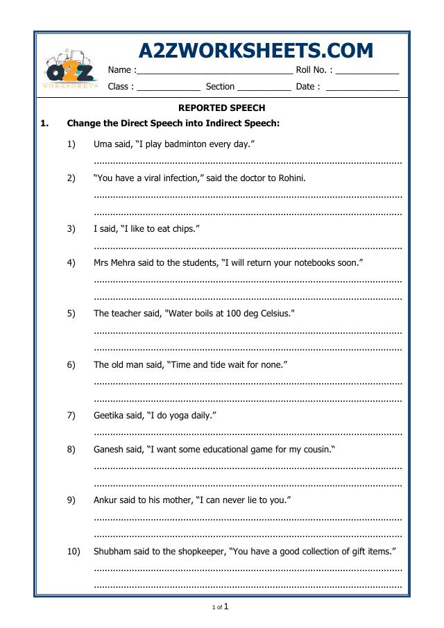 A2Zworksheets:Worksheet of Introduction To Reported Speech-03-Grammar ...