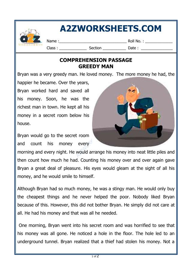 A2Zworksheets:Worksheet of Comprehension Passage-43-Reading-English