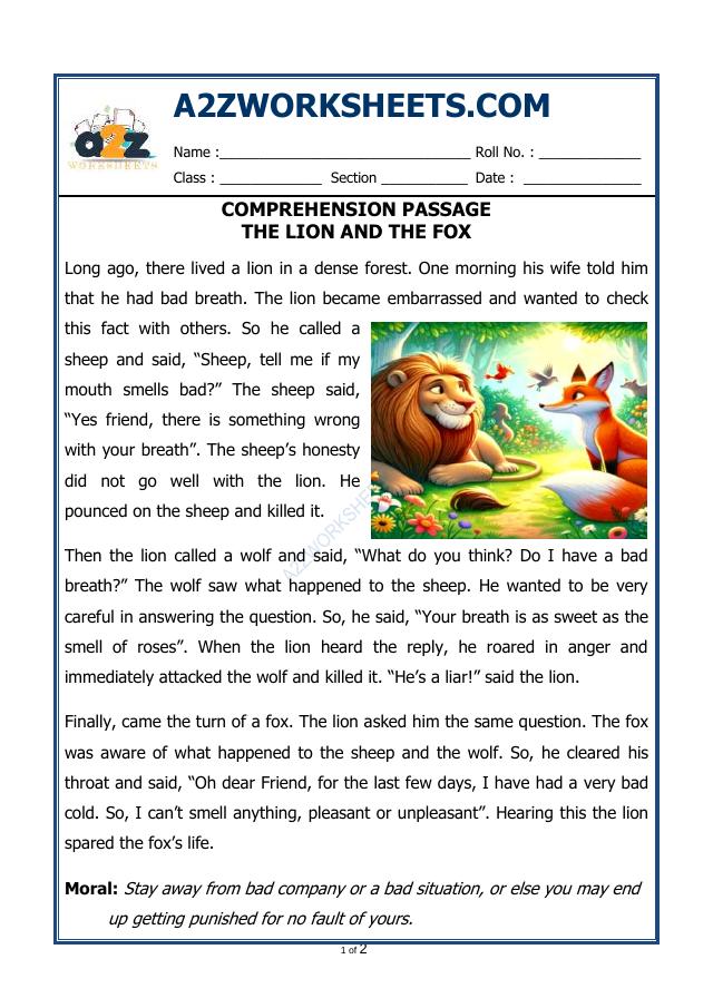 A2Zworksheets:Worksheet of Comprehension Passage-44-Reading-English