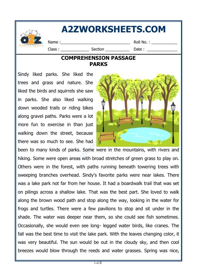 A2Zworksheets:Worksheet of Comprehension Passage-46-Reading-English