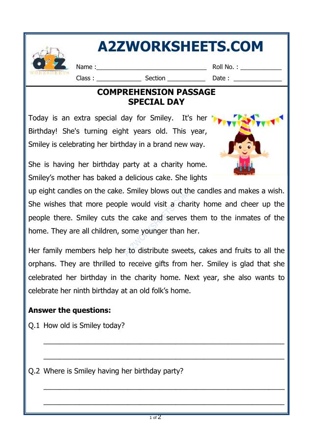 A2Zworksheets:Worksheet of Comprehension Passage-51-Reading-English