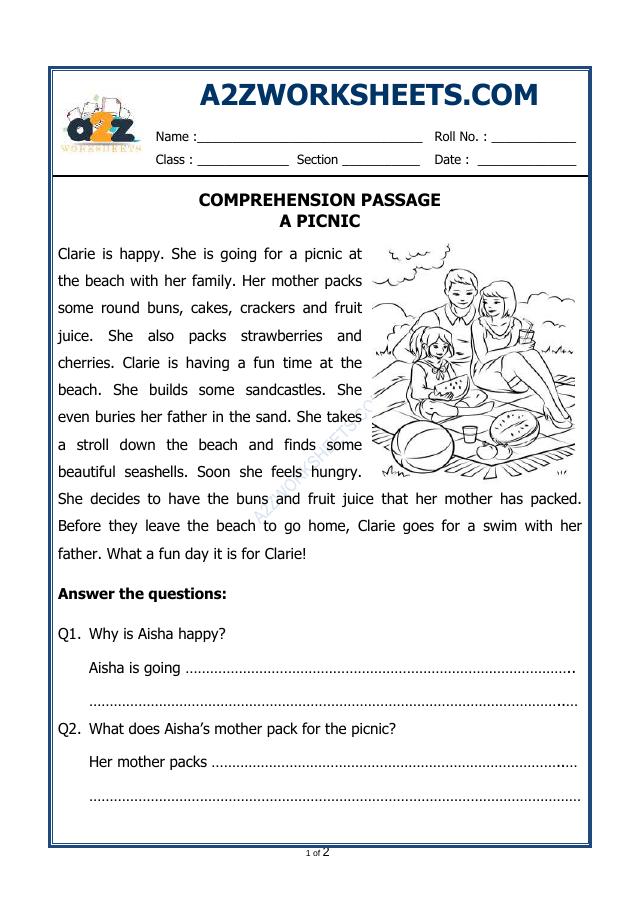 A2Zworksheets:Worksheet of Comprehension Passage-54-Reading-English