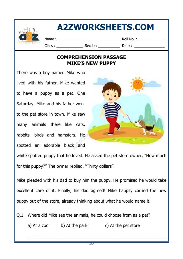 A2Zworksheets:Worksheet of Comprehension Passage-41-Reading-English