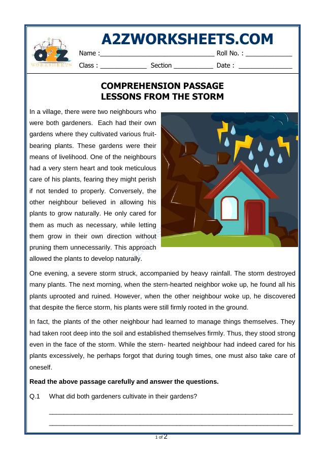 A2Zworksheets:Worksheet of Comprehension Passage-32-Reading-English