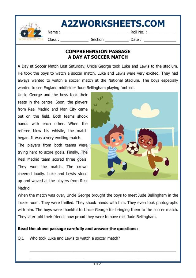 A2Zworksheets:Worksheet of Comprehension Passage-33-Reading-English