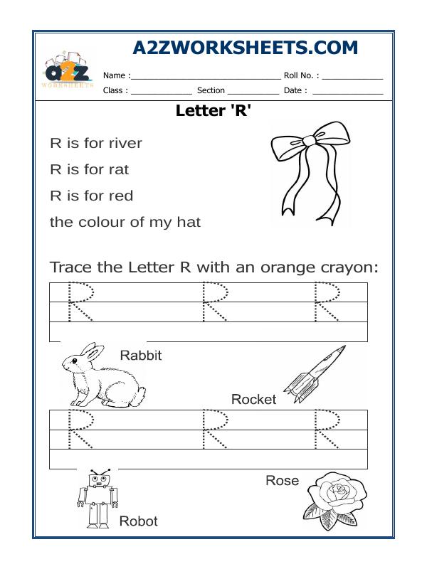 A2Zworksheets:Worksheet of Trace The Letter R-Writing-English