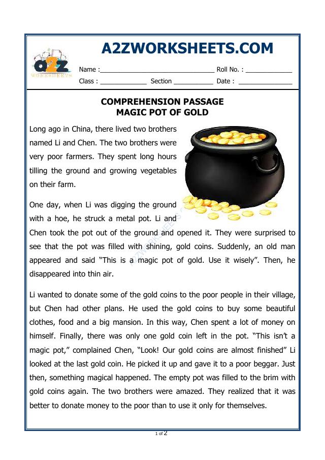 A2Zworksheets:Worksheet of Comprehension Passage-37-Reading-English