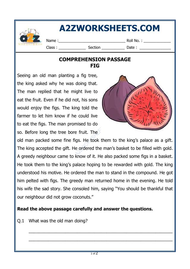 A2Zworksheets:Worksheet of Comprehension Passage-38-Reading-English