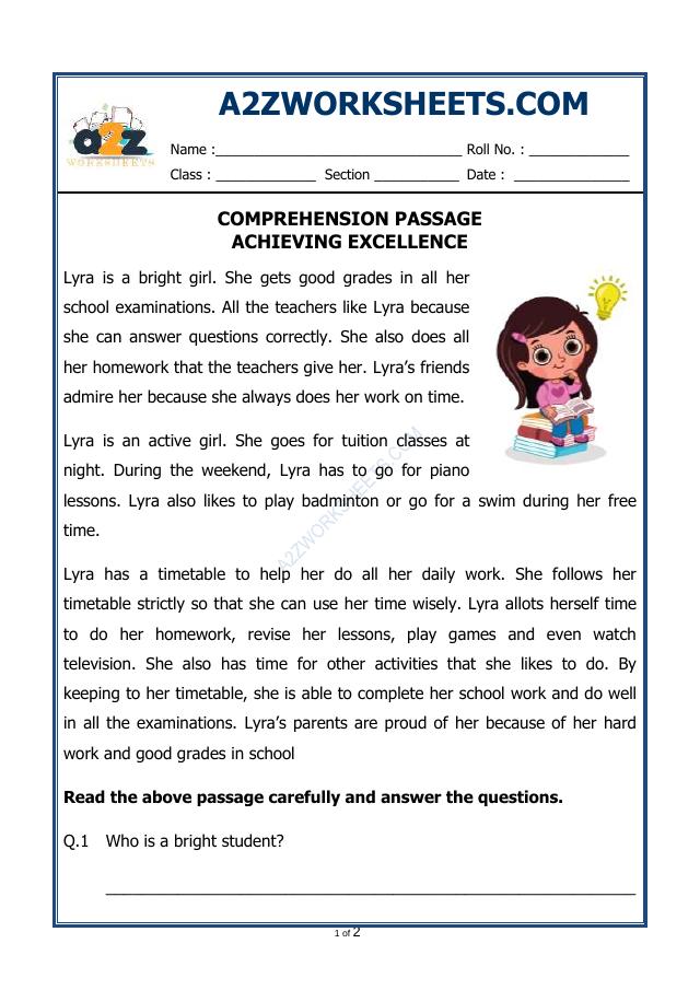 A2Zworksheets:Worksheet of Comprehension Passage-41-Reading-English