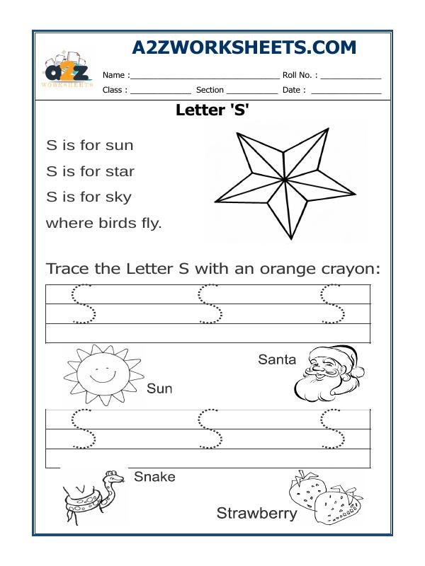 A2Zworksheets:Worksheet of Trace The Letter S-Writing-English