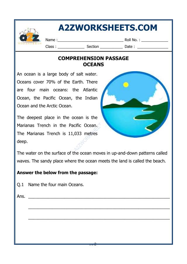 A2Zworksheets:Worksheet of Comprehension Passage-56-Reading-English