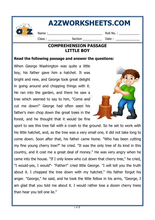 A2Zworksheets:Worksheet of Comprehension Passage-46-Reading-English