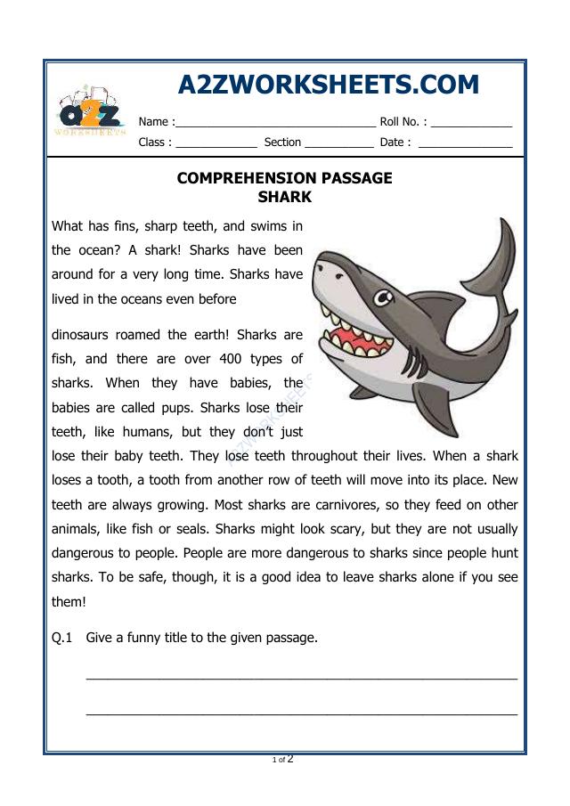 A2Zworksheets:Worksheet of Comprehension Passage-47-Reading-English