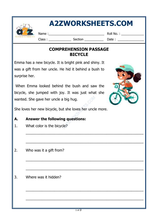 A2zworksheets Worksheet Of Comprehension Passage 57 Reading English