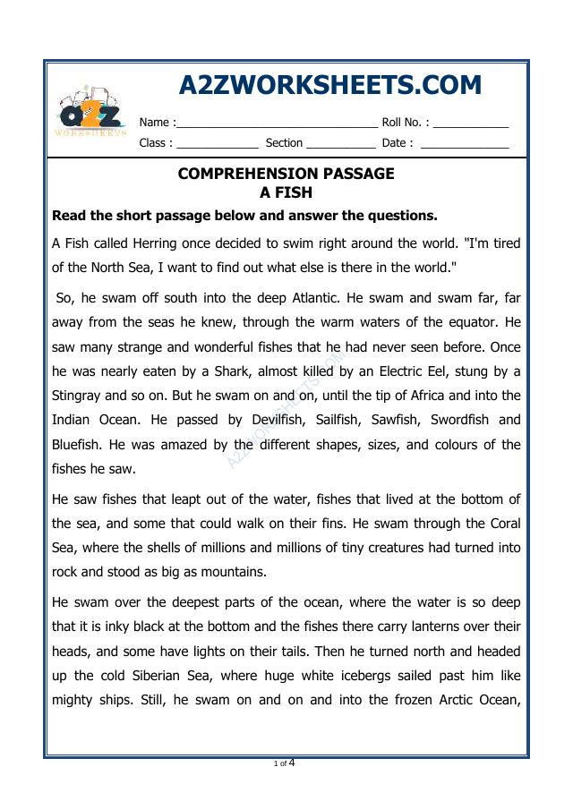 A2Zworksheets:Worksheet of Comprehension Passage-42-Reading-English
