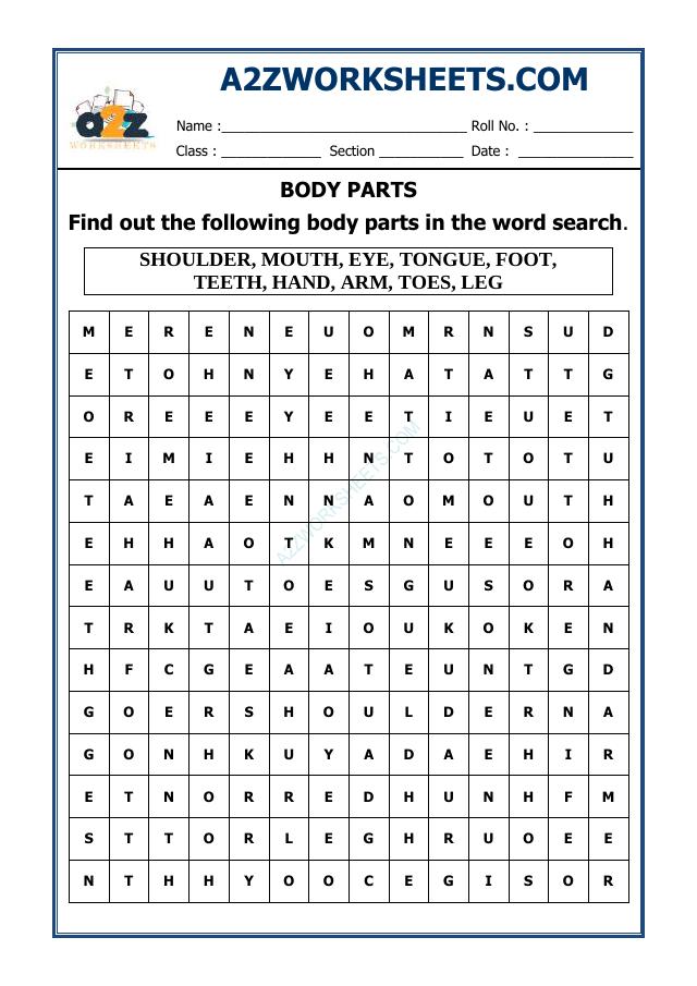 A2Zworksheets:Worksheet of Our Body-Body Parts-Humans-Science