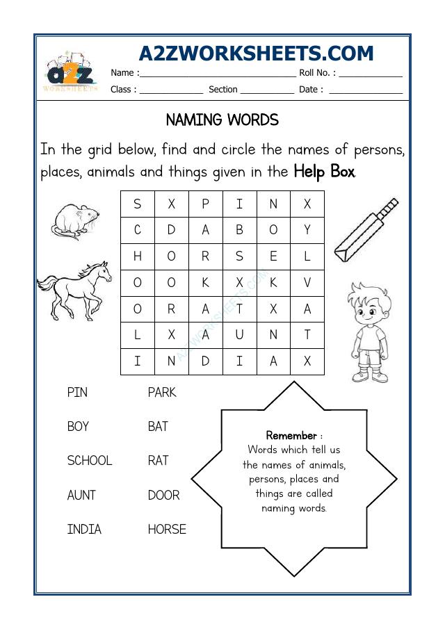 A2Zworksheets:Worksheet of Naming Word-01-Grammar-English
