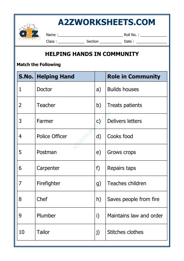 A2Zworksheets:Worksheet of Match the following Helping Hands in ...
