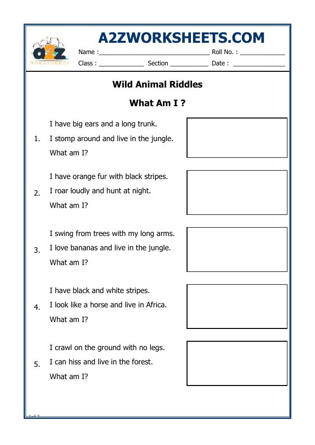 A2Zworksheets:Worksheet of Wild Animal Riddles-Animals-Science