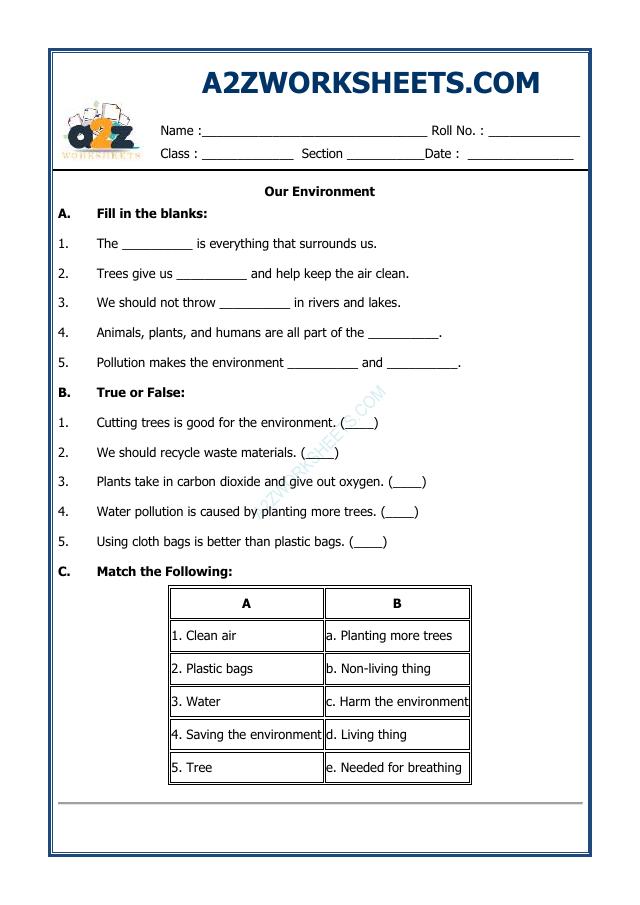 A2Zworksheets:Worksheet of Our Environment-Environment And Our ...