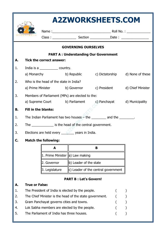 A2Zworksheets:Worksheet of Governing Ourselves-India and Its ...
