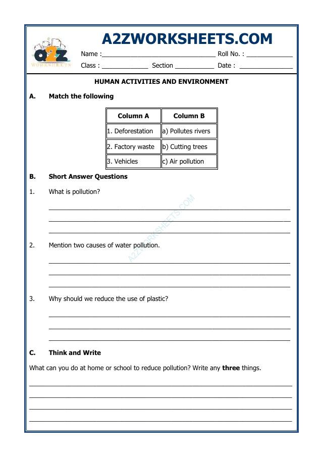A2Zworksheets:Worksheet of Human Activities and Environment-Environment ...