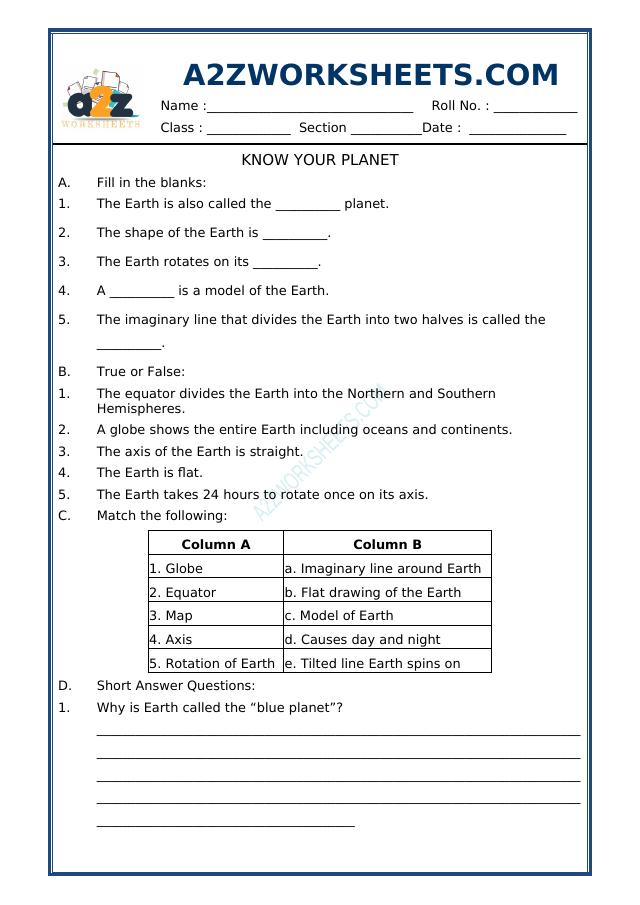 A2Zworksheets:Worksheet of Know Your Planet-04-Planets-Science