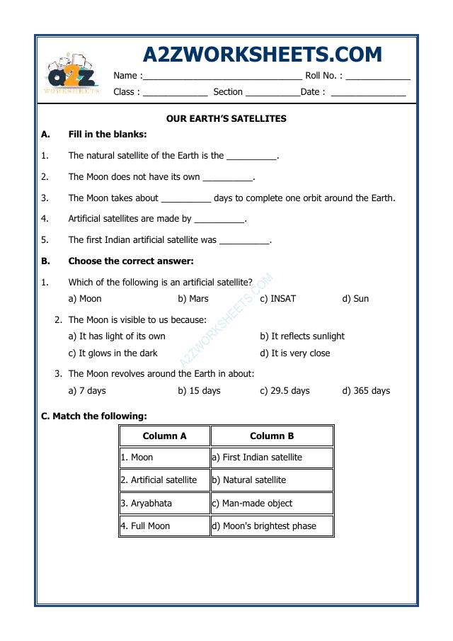 A2Zworksheets:Worksheet of Our Earth’s Satellites-Planets-Science