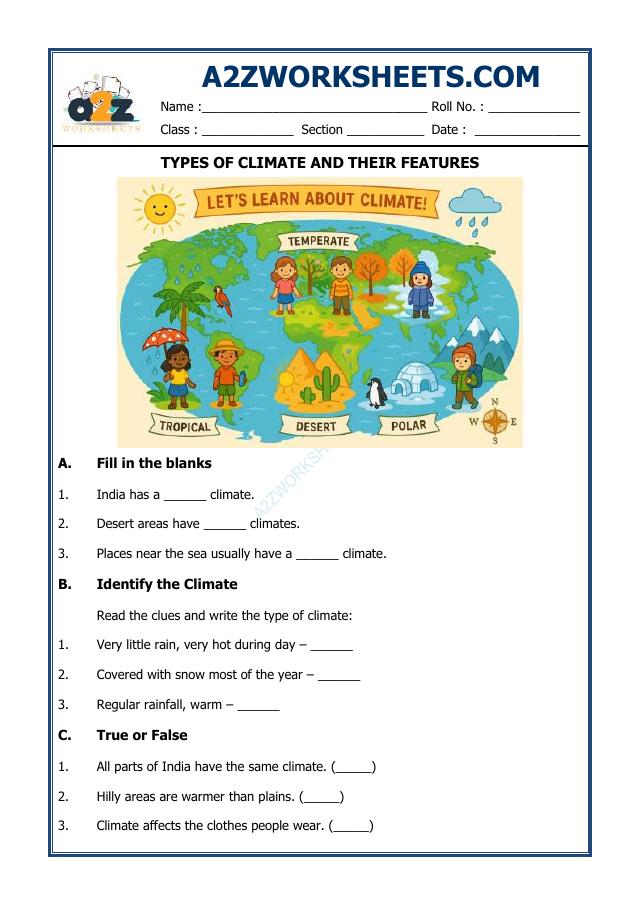 A2Zworksheets:Worksheet of Types of Climate and Their Features ...