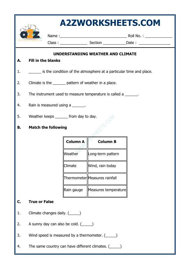 A2Zworksheets:Worksheet of Weather and Climate-Environment And Our ...