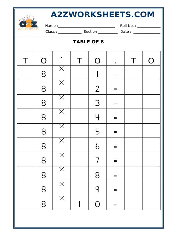 A2Zworksheets:Worksheet of Table Of Eight-Multiplication-Maths
