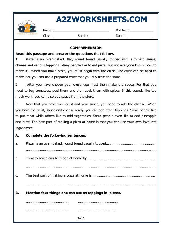 A2Zworksheets:Worksheet of Comprehension Passage-01-Reading-English