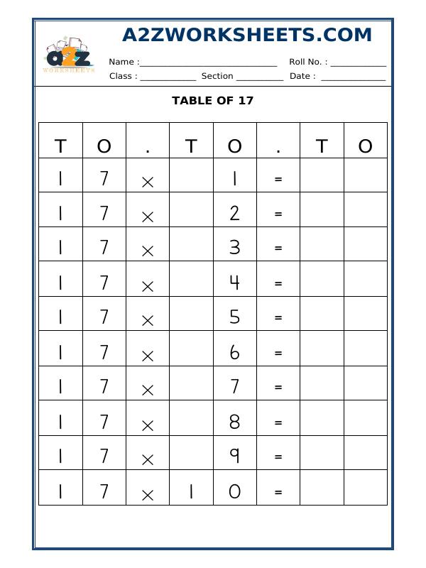 A2Zworksheets:Worksheet of Table Of Seventeen-Multiplication-Maths