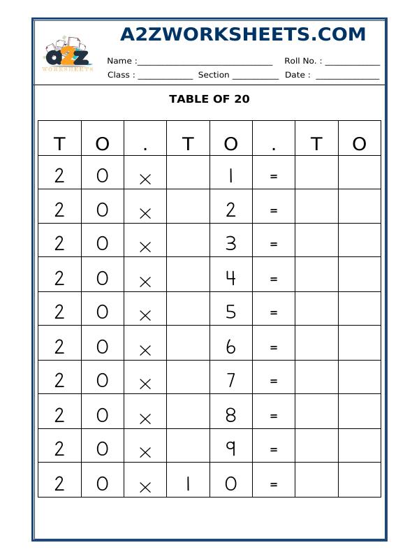 A2Zworksheets:Worksheet of Table Of Twenty-Multiplication-Maths