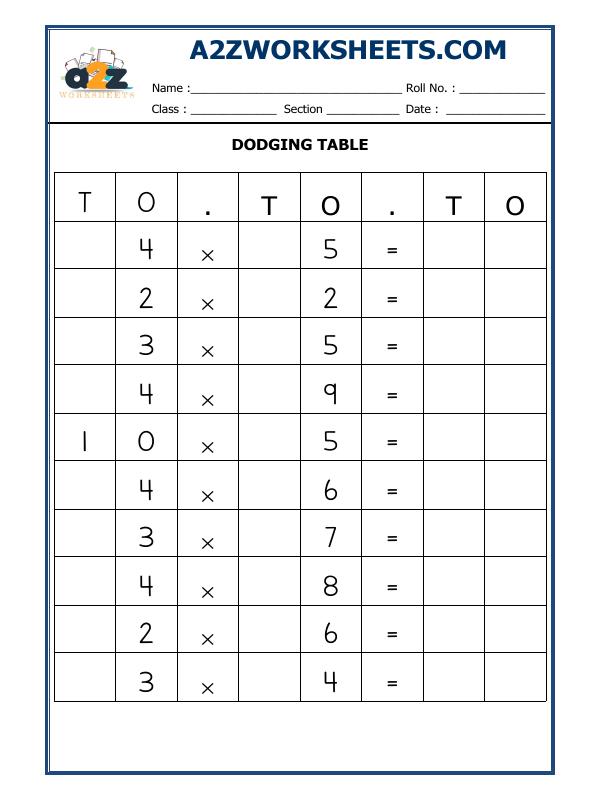 A2Zworksheets:Worksheet of Dodging Table - 01-Multiplication-Maths