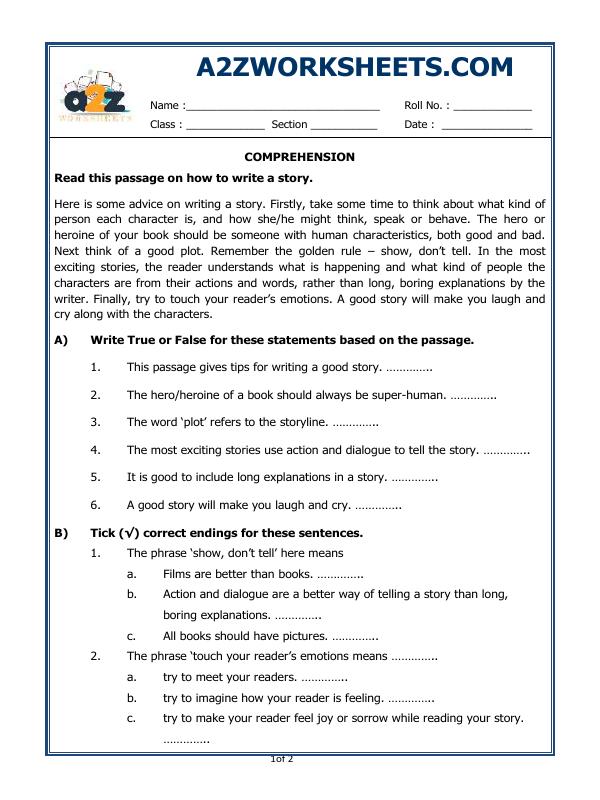 A2Zworksheets:Worksheet of Comprehension Passage-02-Reading-English