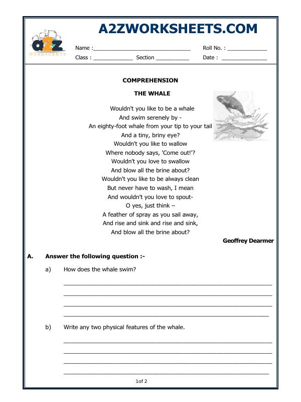 A2Zworksheets:Worksheet of Comprehension Passage-03-Reading-English