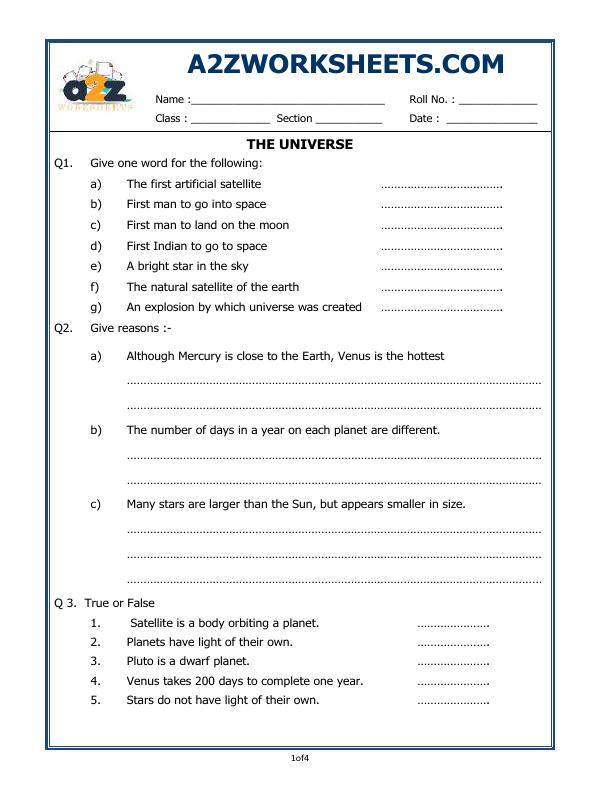 A2Zworksheets:Worksheet of Universe-Solar System and Our Universe ...