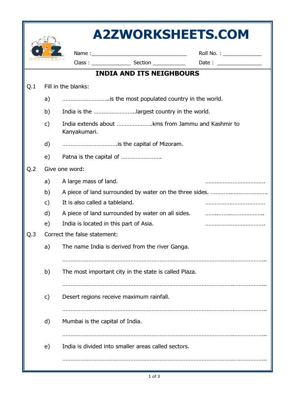 A2Zworksheets:Worksheet of India And Its Neighbours-India and Its ...
