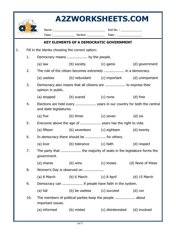 A2Zworksheets:Worksheet of Key Elements Of A Democratic Government ...