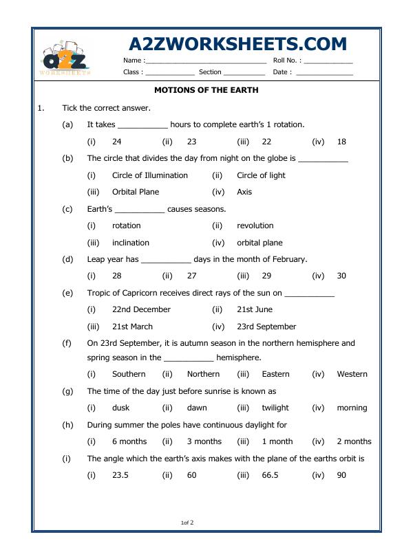 A2Zworksheets:Worksheet of Motions Of The Earth-Solar System and Our ...
