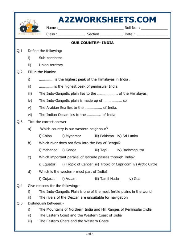 A2Zworksheets:Worksheet of Our Country - India-India and Its ...