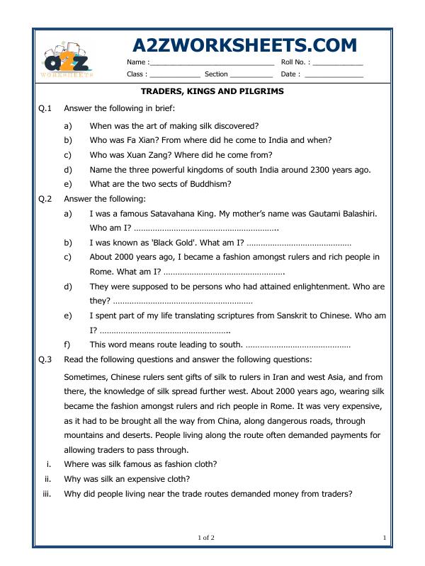 A2Zworksheets:Worksheet of Traders, King And Pilgrims-Our History and ...