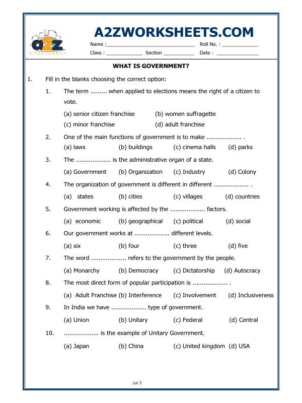 A2Zworksheets:Worksheet of What Is Government-India and Its ...