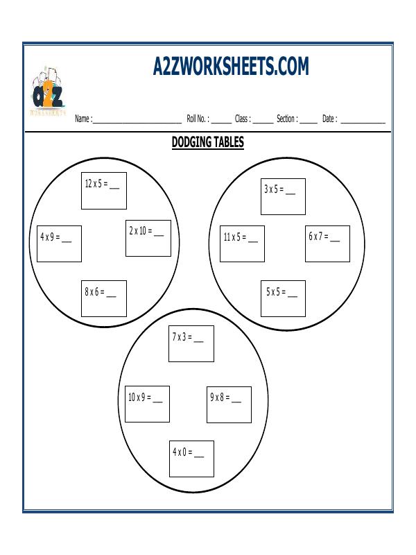 A2Zworksheets:Worksheet of Dodging Tables (Assorted)-Multiplication-Maths