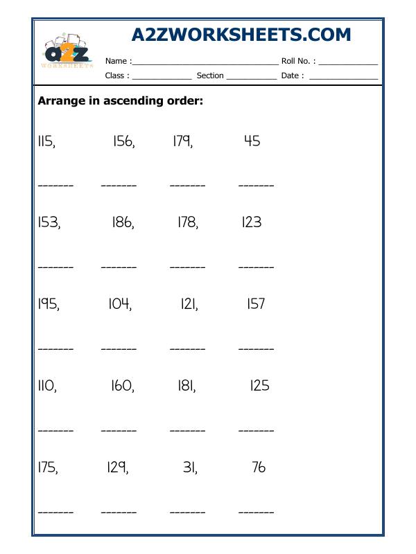 A2Zworksheets:Worksheet of Ascending Order-Numbers-Maths