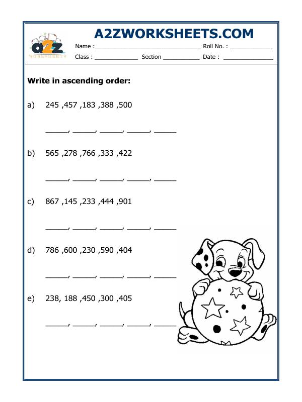 A2Zworksheets:Worksheet of Ascending Order-03-Numbers-Maths